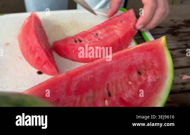 Summer picnic scene with watermelon being cut into pieces and served ...