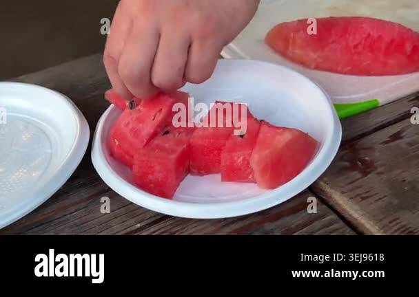 Summer picnic scene with watermelon being cut into pieces and served ...