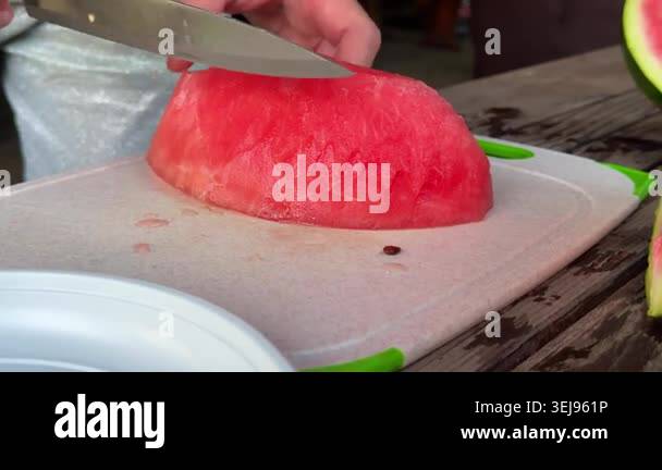 Summer picnic scene with watermelon being cut into pieces and served ...