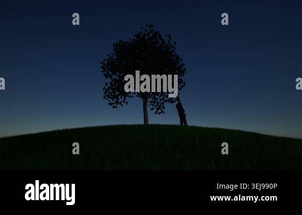 Silhouette of a man and a tree on a hill starry sky nature landscape 4k ...
