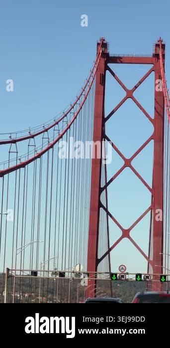 Red suspension bridge tower closeup showcasing geometric cables and ...