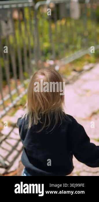 White toddler chasing pigeon on stone path, blonde child running toward ...