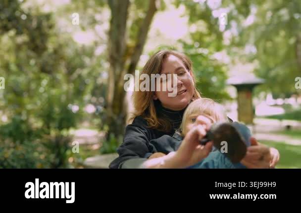Woman helping toddler with shoe on bench, tender maternal gestures ...