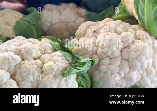 Beautiful white cauliflower heads displayed on bazaar counter with ...