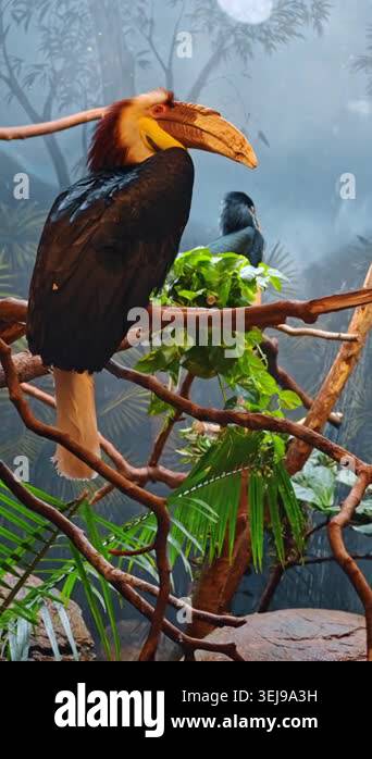 Two calm large exotic birds sit on the tree in the zoo. Beautiful ...