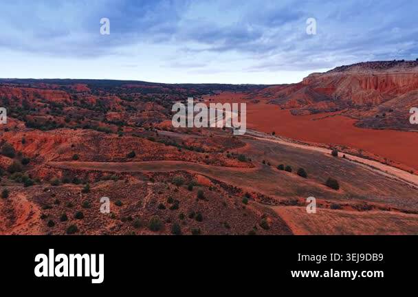 Wide panoramic view of red clay valley and dry river. Aerial landscape ...
