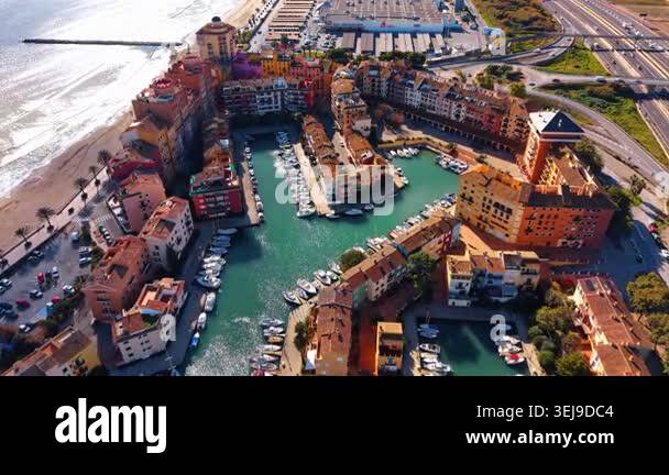 Top down aerial view of Port Saplaya harbor. Vertical drone perspective ...