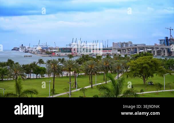 Miami, USA, 16 April 2026: Cruise ship terminal and bridge in Miami ...