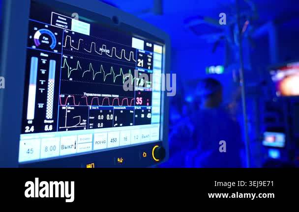 Life signs of the patient undergoing surgery. Medics use robotic ...