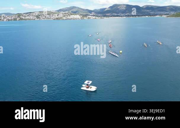 Aerial View of Professional Rowing Teams Competing in a Regatta near ...