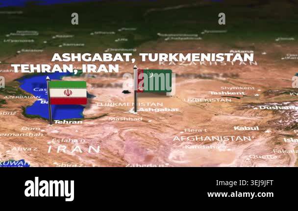 Flight From Ashgabat Turkmenistan to Tehran IRAN with flag pins Stock ...
