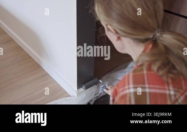 Woman applies dark paint to wall section with small roller on covered ...