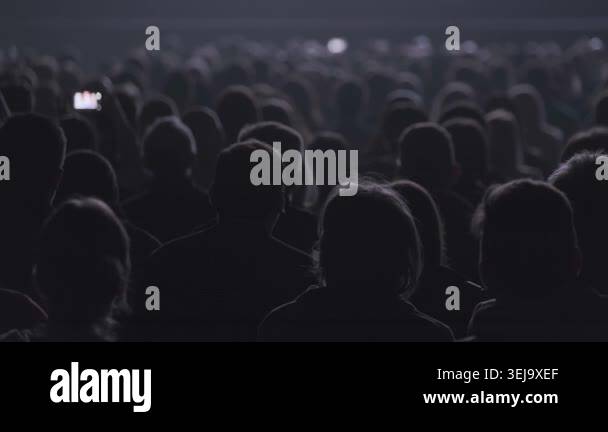 Audience silhouettes seated in dark cinema hall, watching film ...