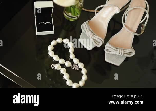 Bridal accessories flat lay with wedding bouquet, high heel shoes ...