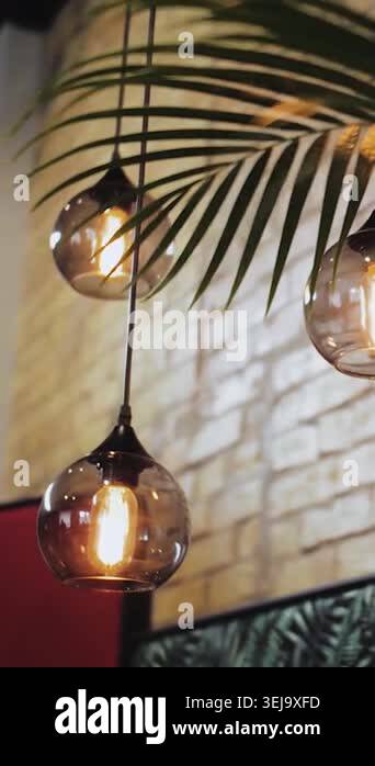 Vertical video. Hanging glass pendant lights glowing near tropical palm ...