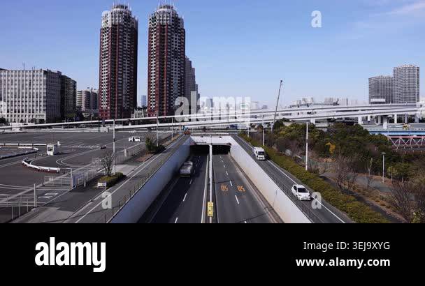 A cityscape of traffic jam on the city street in Tokyo in winter. High ...