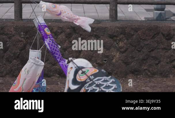 A slow motion of Carp streamers swinging in the wind at the traditional ...