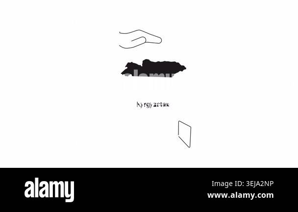 A minimalist graphic featuring the outline of Kyrgyzstan held between ...