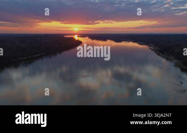 Stunning aerial drone footage of sunrise over the Vistula River near ...