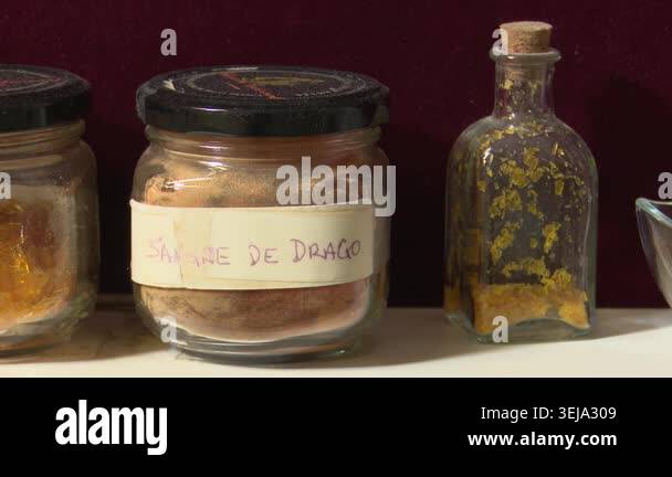Bilbao, spain; may 21 2022: glass jars and bottles containing resins ...