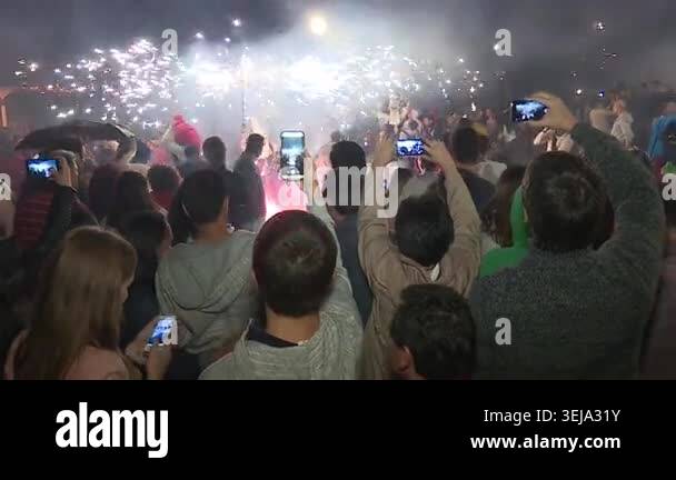 Bilbao, spain; june 24 2019: large crowd of people filming with ...