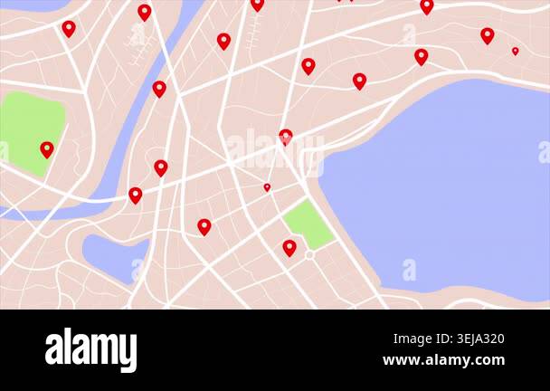 4K UHD Animated city map with location pins and navigation routes ...