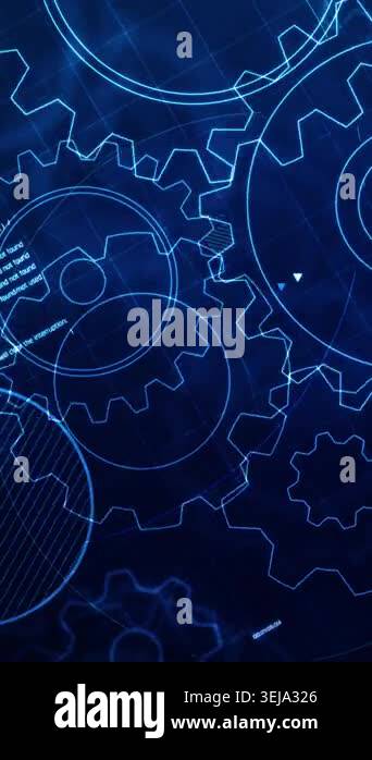 Vertical futuristic tech background featuring glowing blue gear cogs ...
