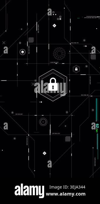 Vertical futuristic tech overlay featuring white padlock security icon ...