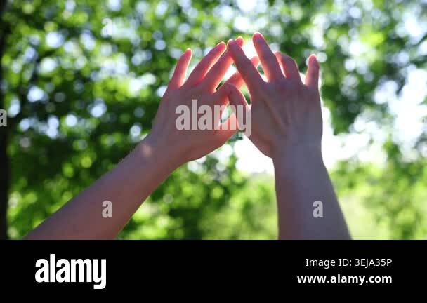 Female hand reaches out to sun at sunset. Sun rays shine through ...