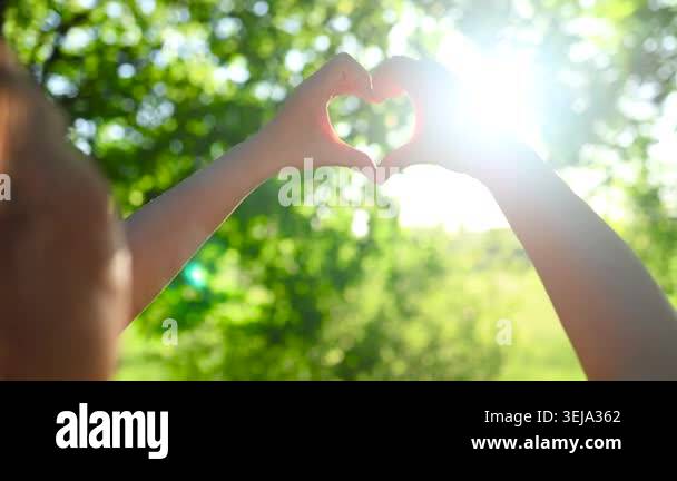 Hands showing heart shape in farmland, ecology and love to nature ...