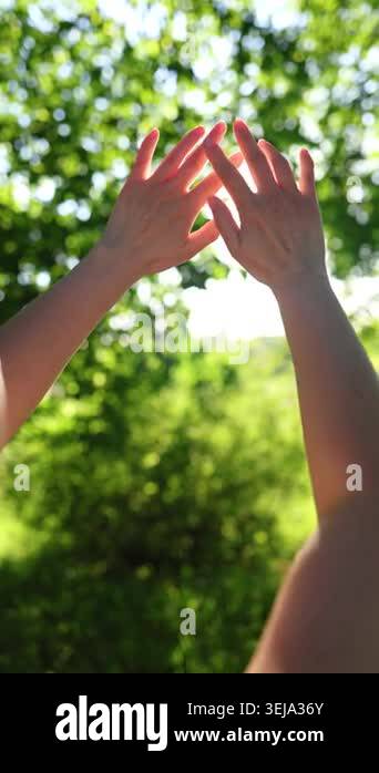 Female hand reaches out to sun at sunset. Sun rays shine through ...