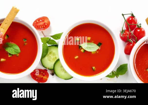 top view of tomato soup bowls with person hand holding handle on white ...
