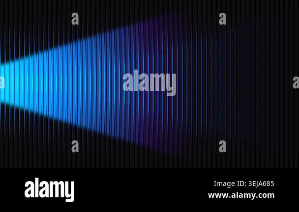 Abstract blue light beam illuminates a dark background with vertical ...