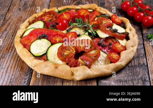 homemade rustic vegetable tart with sliced zucchini, tomatoes and ...