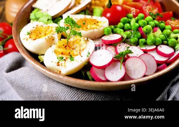 healthy salad bowl with boiled eggs, sliced radishes, green peas and ...
