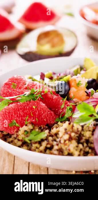 healthy quinoa bowl with shrimps and fresh vegetables, vegetarian mixed ...