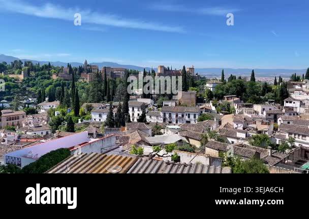 Panoramic view of Alhambra Palace and historic old town in Granada ...