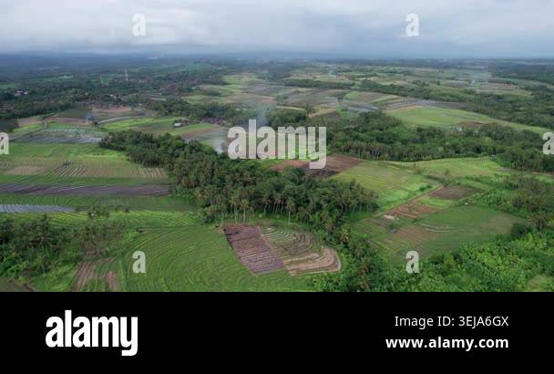 Drone footage shows a wide view of Balis landscape with green fields ...