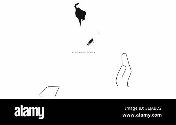 A minimalist graphic featuring a black abstract shape resembling a map ...