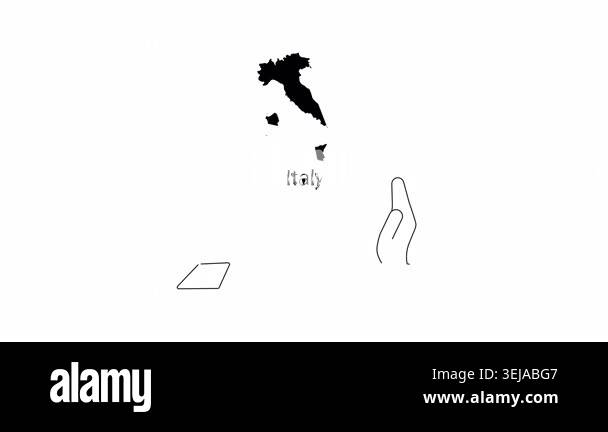 A minimalist line drawing depicts the map of Italy, with the word ...