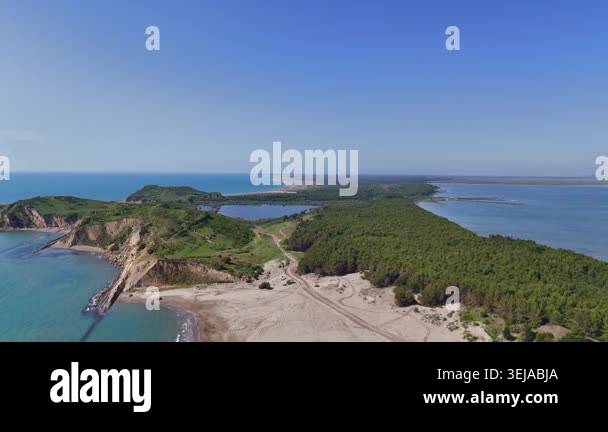 Travel and tourism aerial footage showing remote coastal scenery, blue ...
