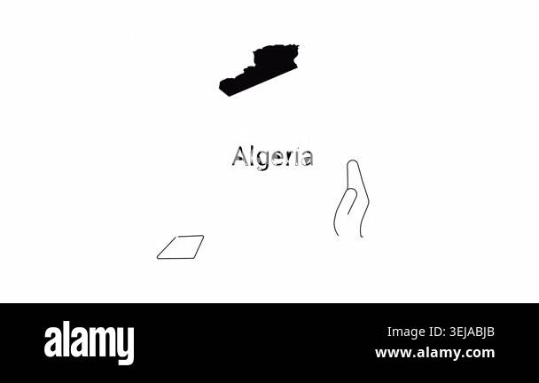 A black outline map of Algeria with the country name below, flanked by ...