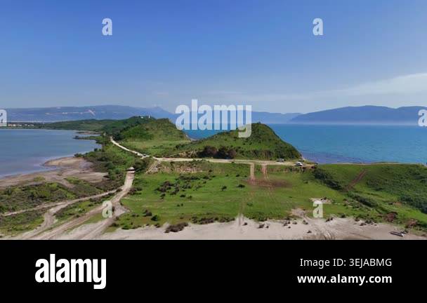 Aerial drone footage of a remote Mediterranean beach in Albania with ...