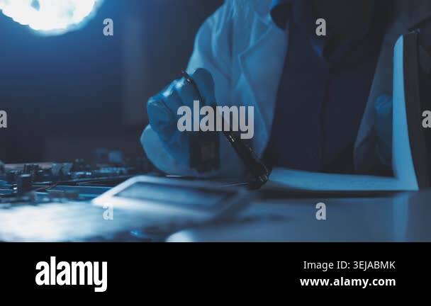 close up of a scientist working on a microscope at a medical laboratory ...