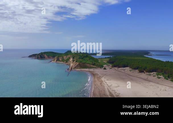 Cinematic drone view of wild beach and turquoise coast.Aerial drone ...