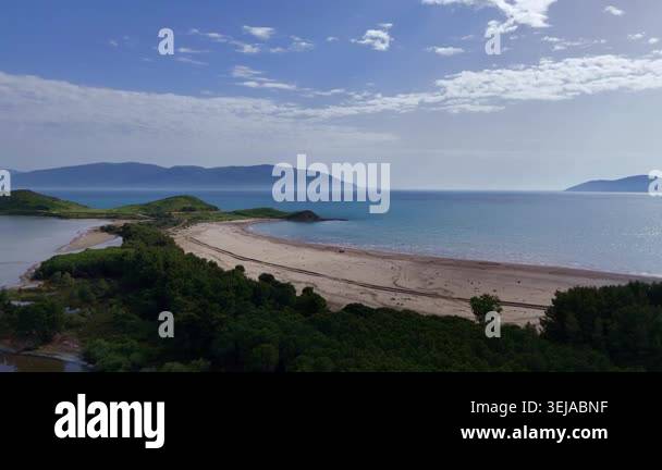 Aerial drone footage of a remote Mediterranean beach in Albania with ...