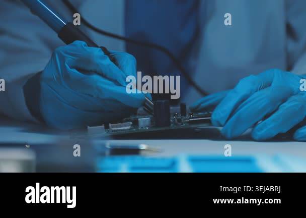 close - up view of male scientist in uniform and glasses working with ...