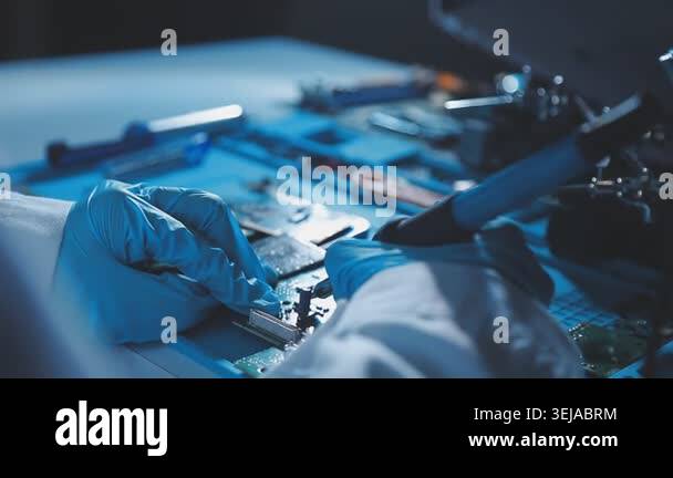 the process of the electronics. the technician is fixing a computer ...