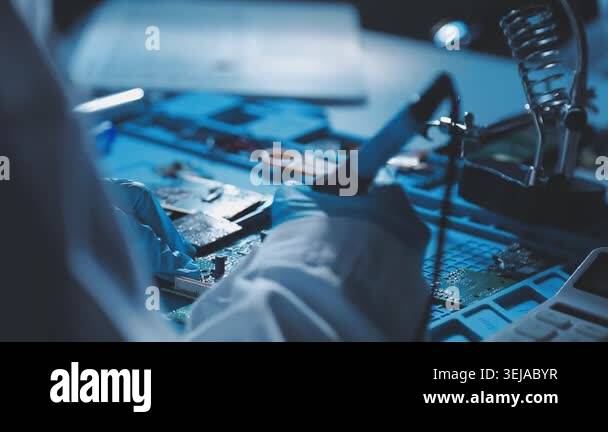 computer engineer repairing a computer circuit board in the workshop ...