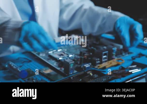 the engineer is repairing the computer in an electronic board Stock ...
